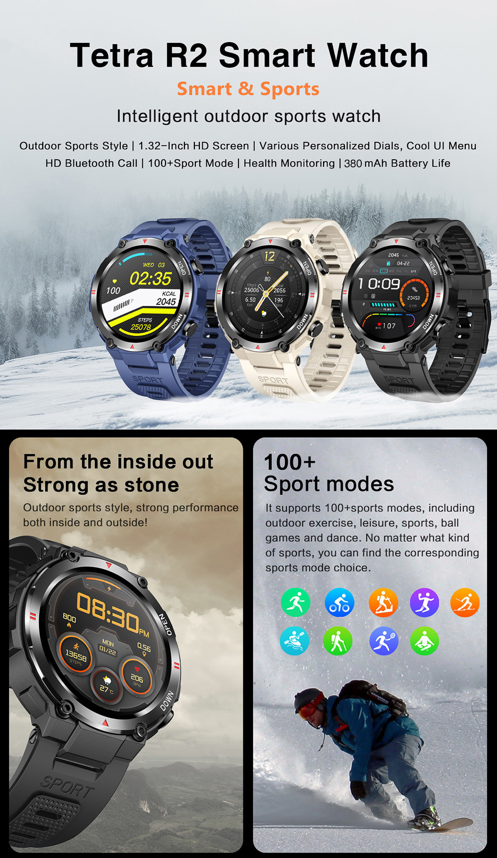 Aolon Tetra R2 Smart Watch Original Running Speed 100+ Exercise Modes ...
