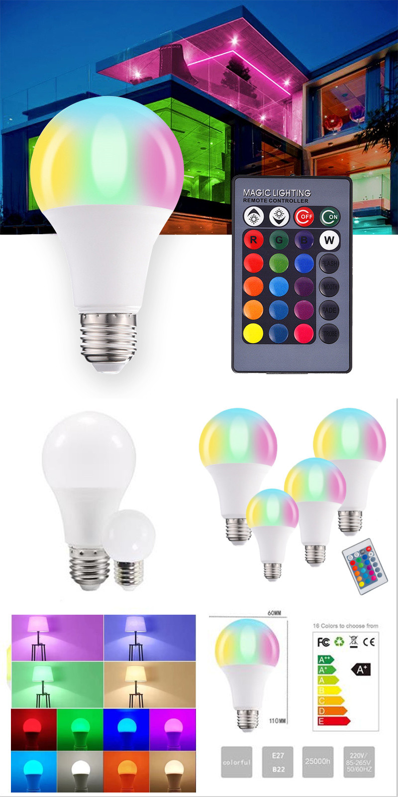 Licer LED Color Bulb Light 5W 10W 15W Remote Control 4 Modes Dimmable ...