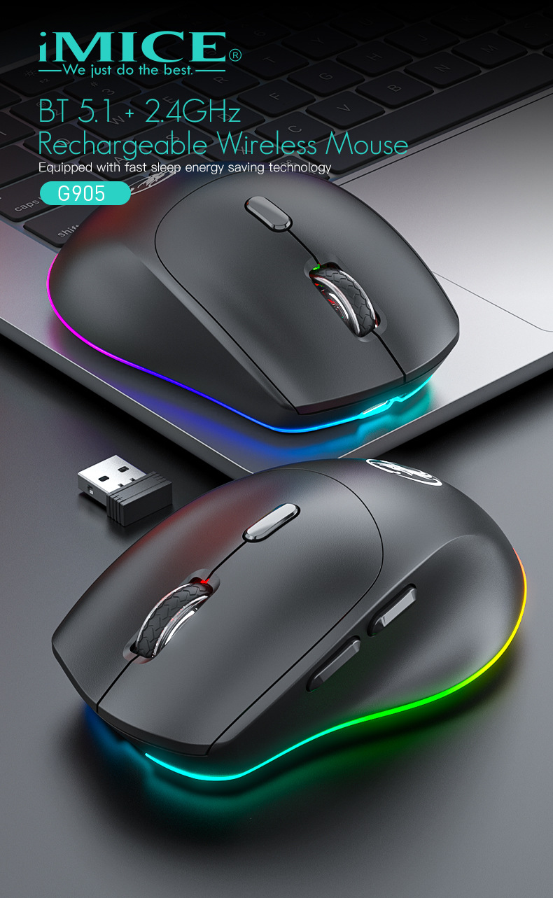 Imice Wireless Bluetooth Dual-Mode Rechargeable Silent 6-Button Wireless Gaming Mouse TYPE-C ...