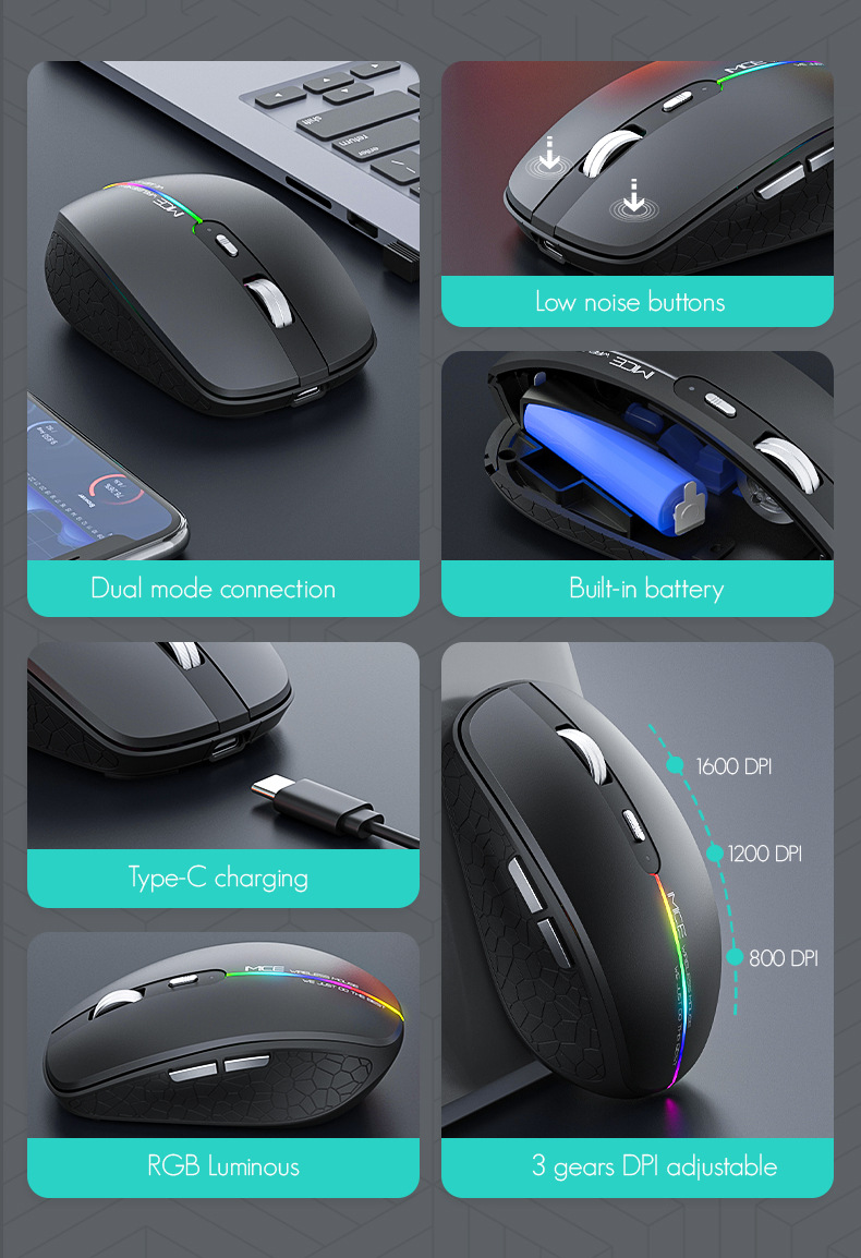 Imice Wireless Bluetooth Dual-Mode Rechargeable Silent 6-Button Wireless Gaming Mouse TYPE-C ...