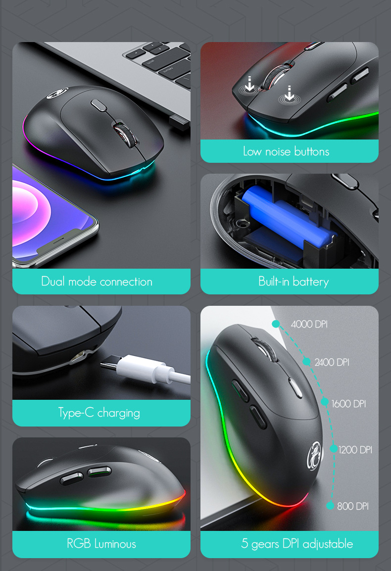 Imice Wireless Bluetooth Dual-Mode Rechargeable Silent 6-Button Wireless Gaming Mouse TYPE-C ...