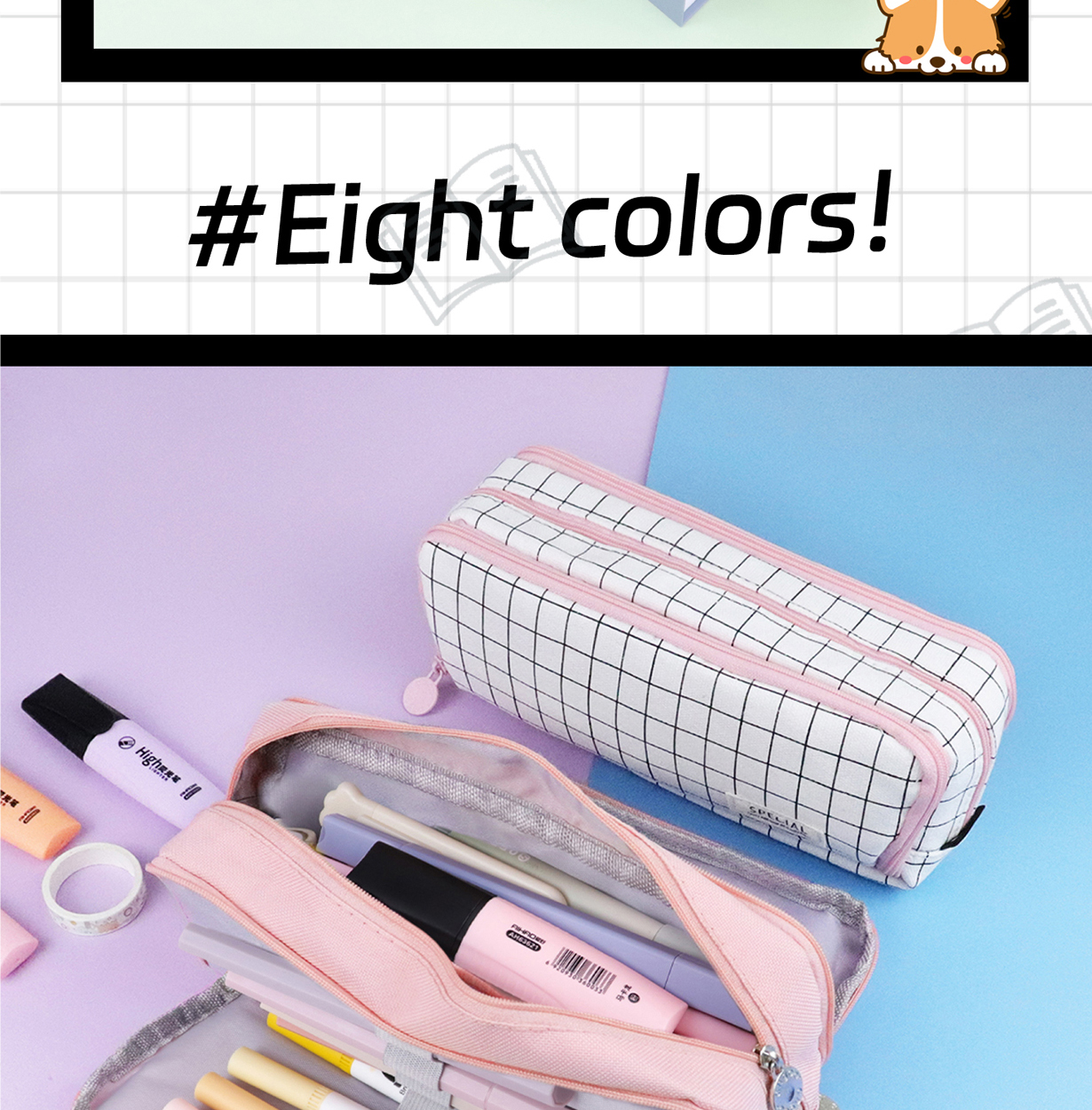 Kawaii Pencil Box Large Capacity Pencil Case 3 Compartment Pouch Pen ...