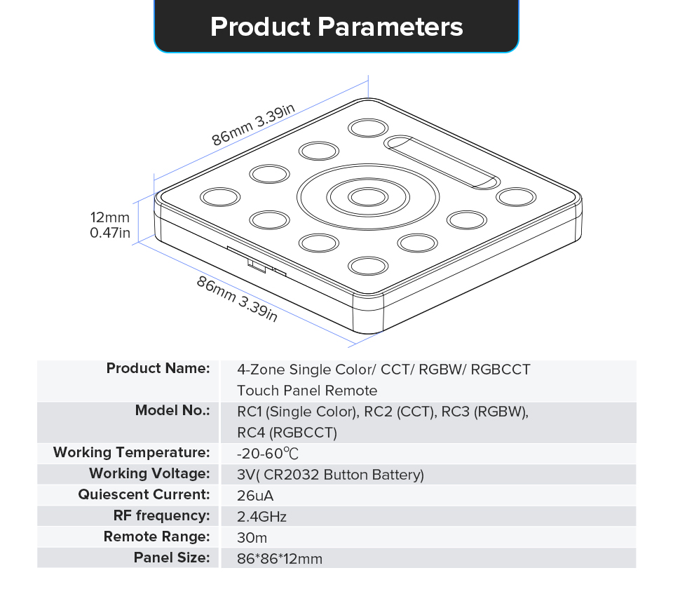 BTF-LIGHTING 4 Area Control Remote control panel 2.4GHz RF control RC1 ...