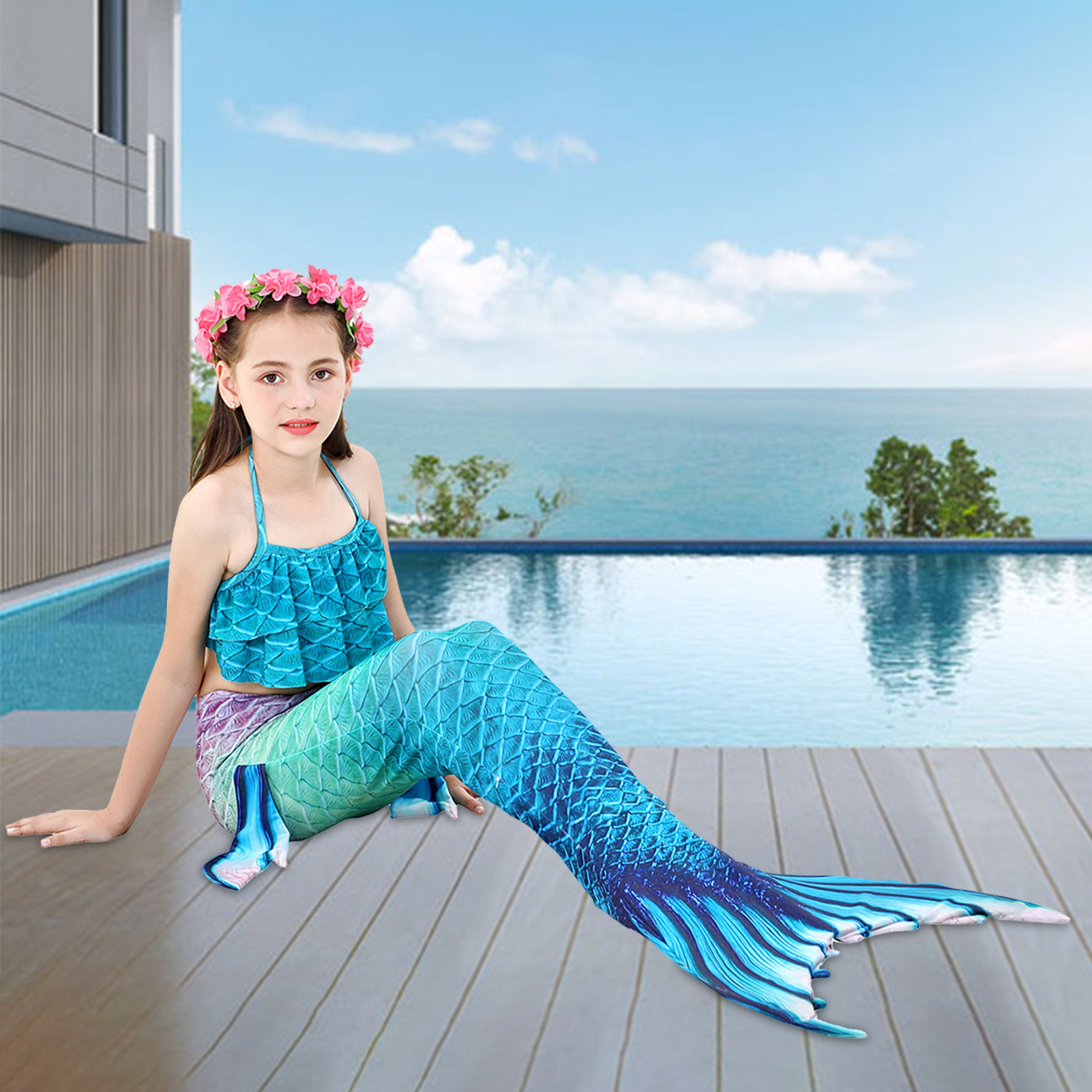 3 Piece Girls Mermaid Costume Swimsuit Bikini Swimwear Set | Shopee ...