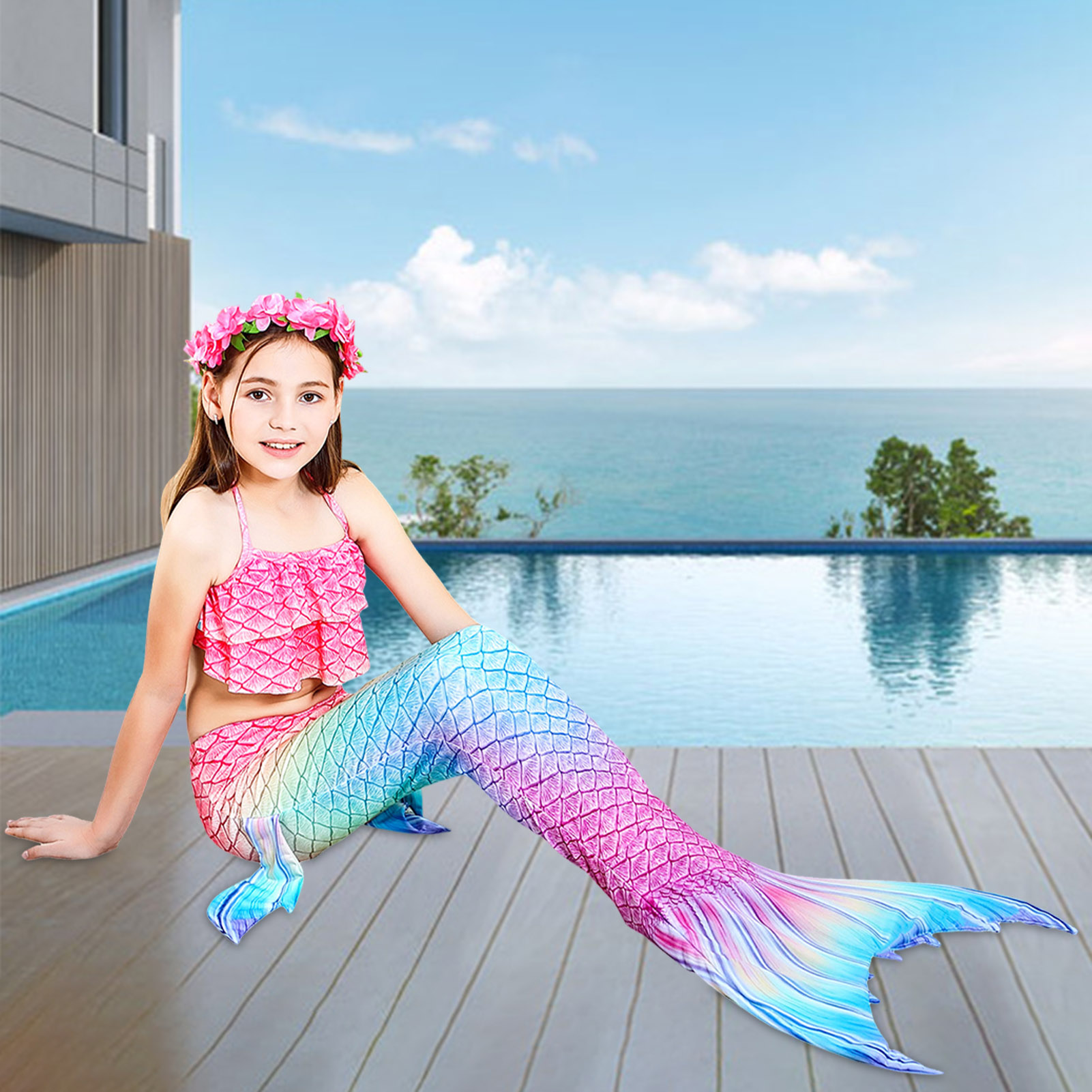 3 Piece Girls Mermaid Costume Swimsuit Bikini Swimwear Set | Shopee ...