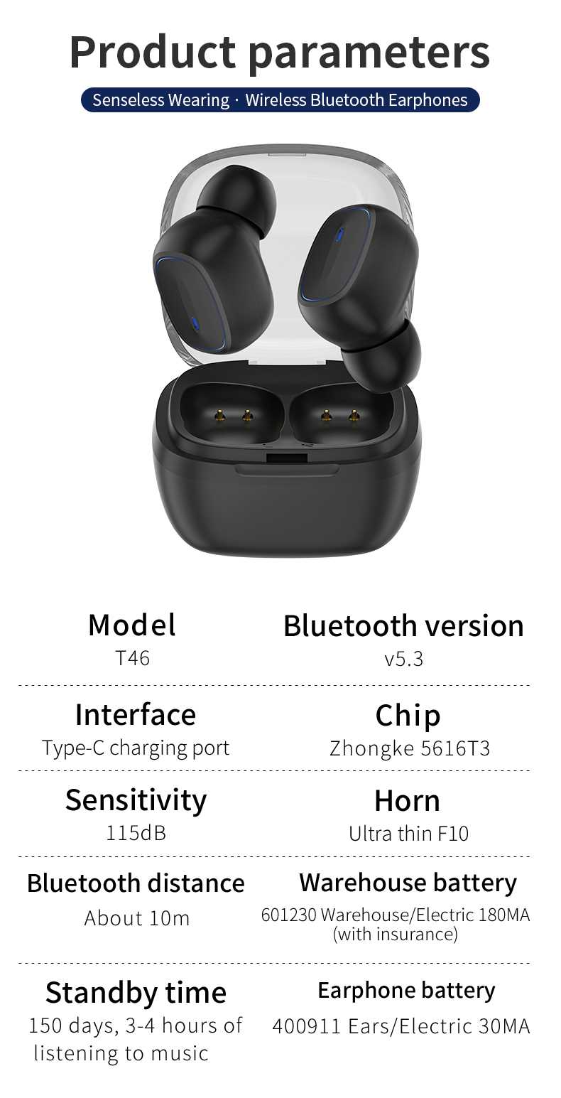 New T46 TWS MINI Gaming Earphone Bluetooth 5.3 Stereo 9D Music Wireless Headphone Touch Sports ...