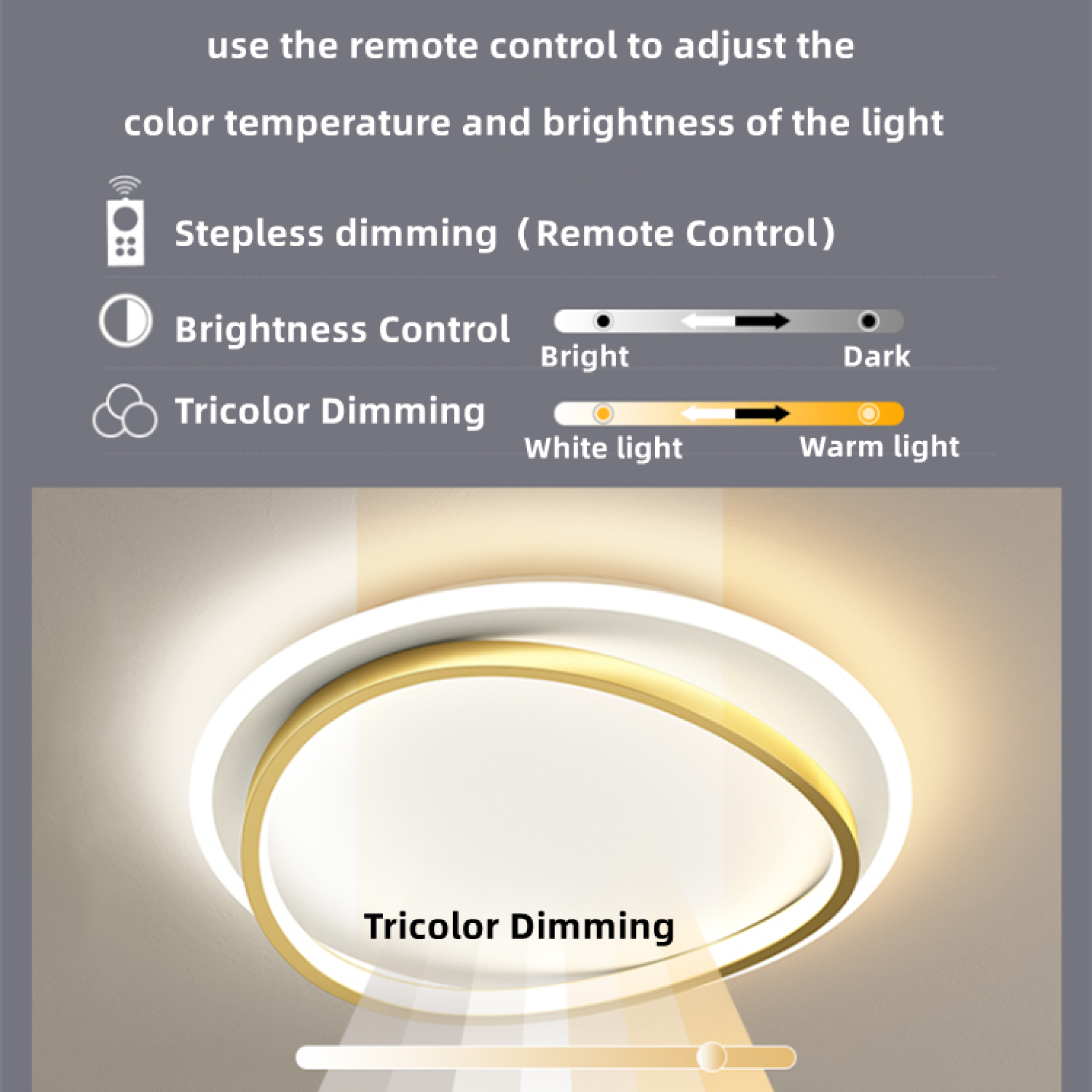 Tricolor LED Ceiling Light Living Room Bedroom Ceiling Light Remote ...