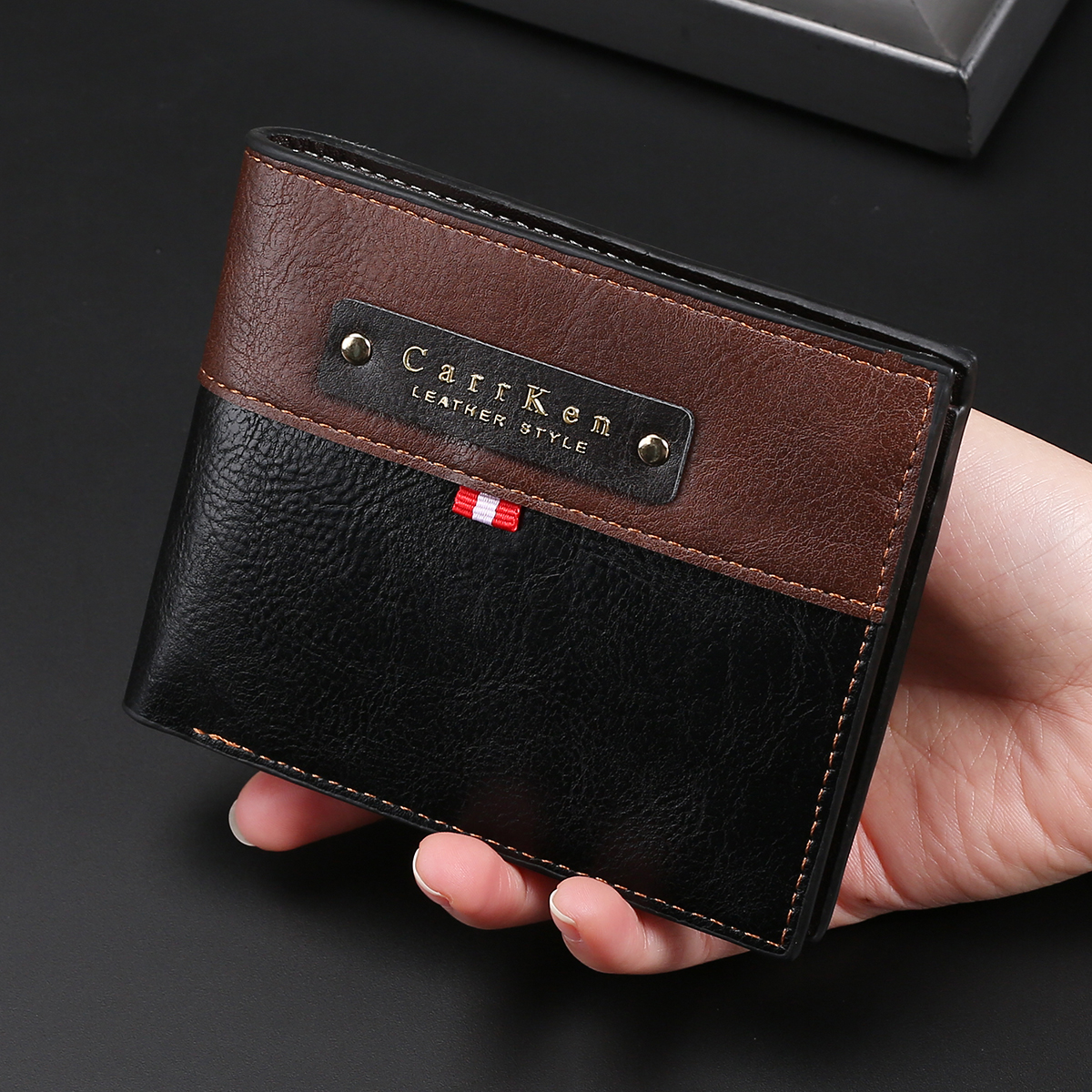 CarrKen Men's Short Wallet Retro Stitched Color-Block Leather Card ...