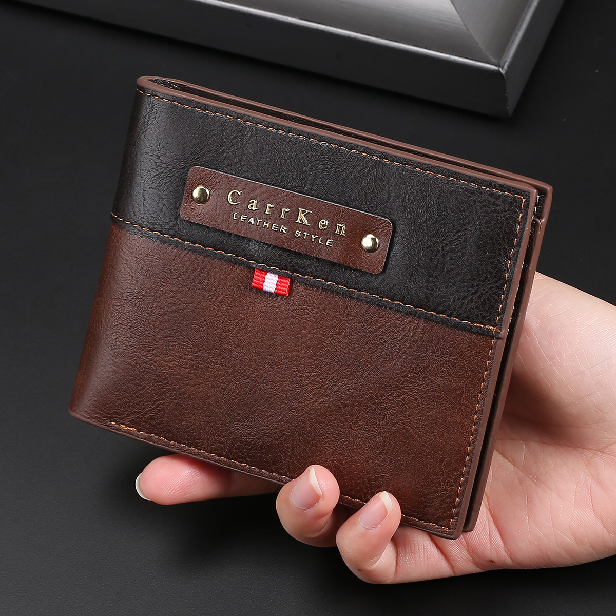 CarrKen Men's Short Wallet Retro Stitched Color-Block Leather Card ...