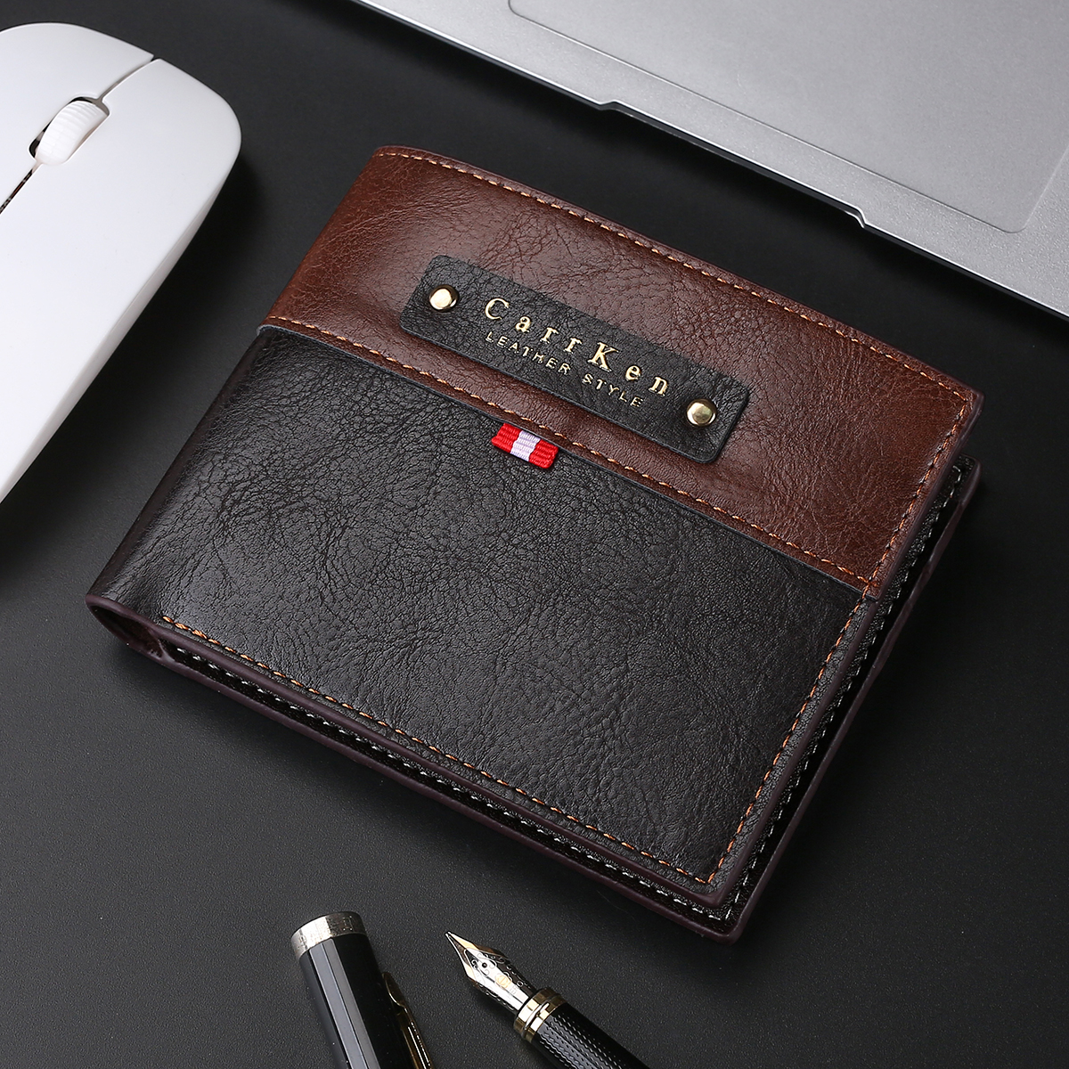 CarrKen Men's Short Wallet Retro Stitched Color-Block Leather Card ...