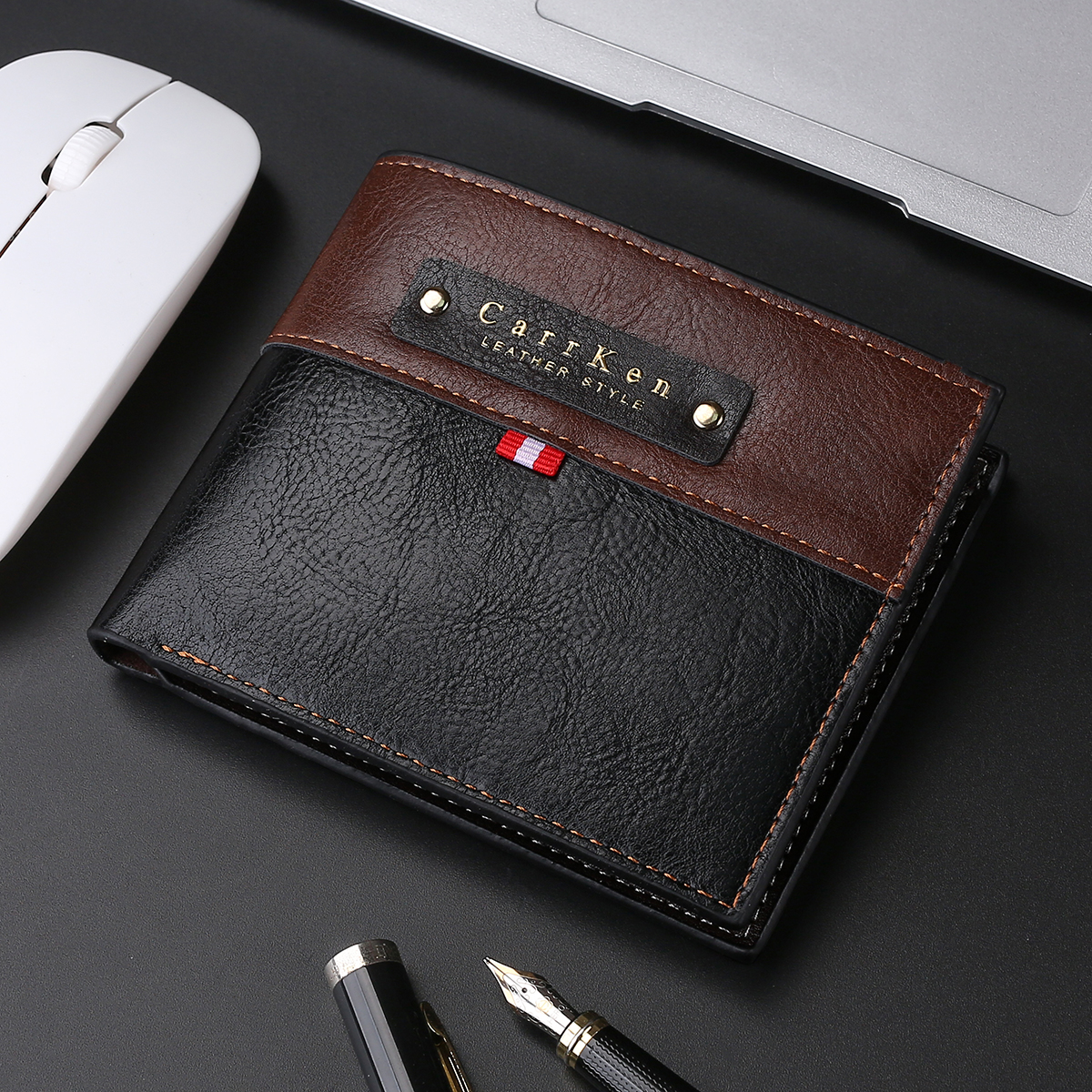 CarrKen Men's Short Wallet Retro Stitched Color-Block Leather Card ...