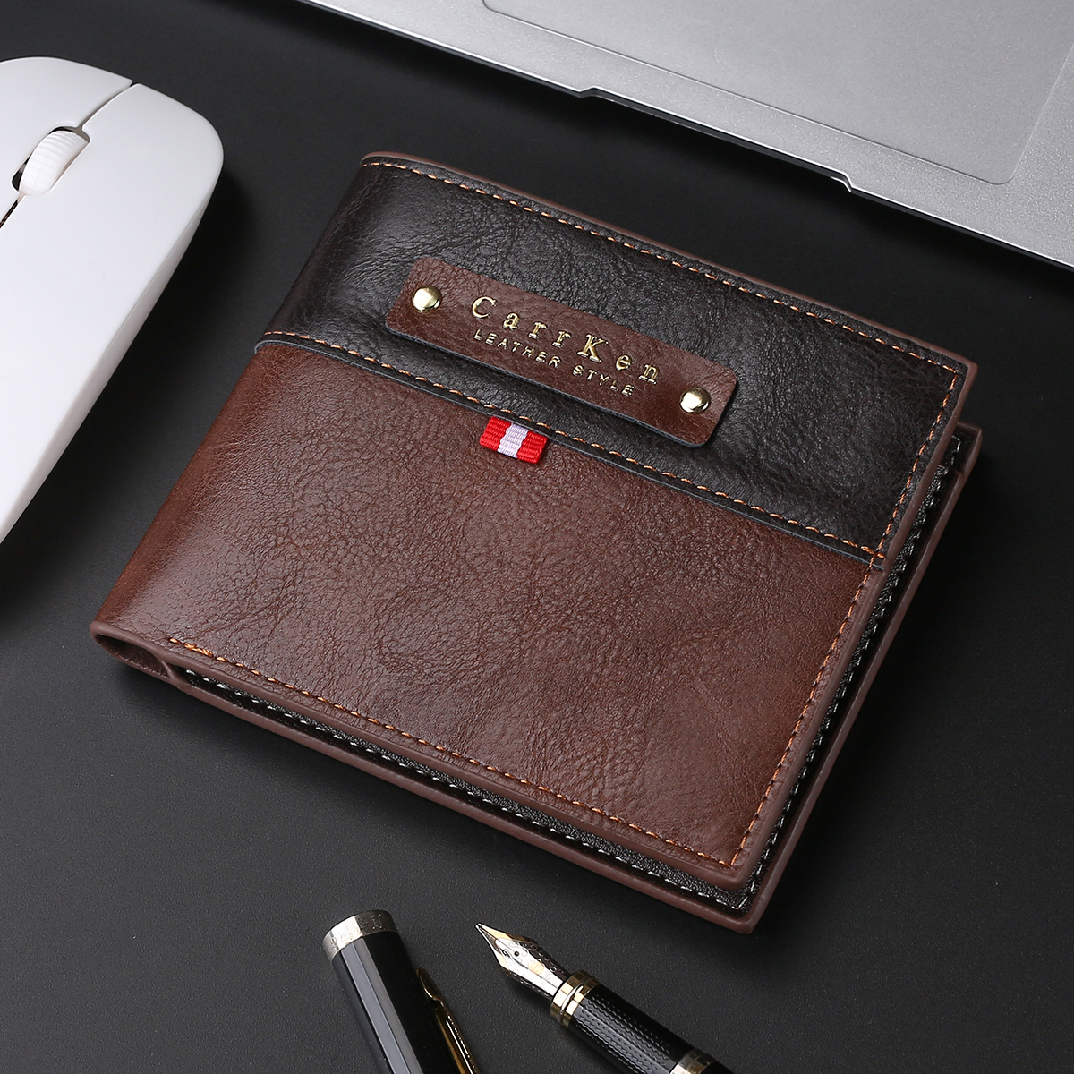 CarrKen Men's Short Wallet Retro Stitched Color-Block Leather Card ...