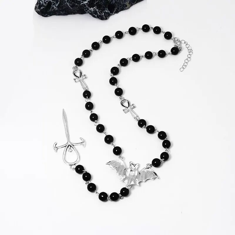 Vampire Ankh Rosary Occult Vamp Bead Necklace Goth Punk Bat Cross ...