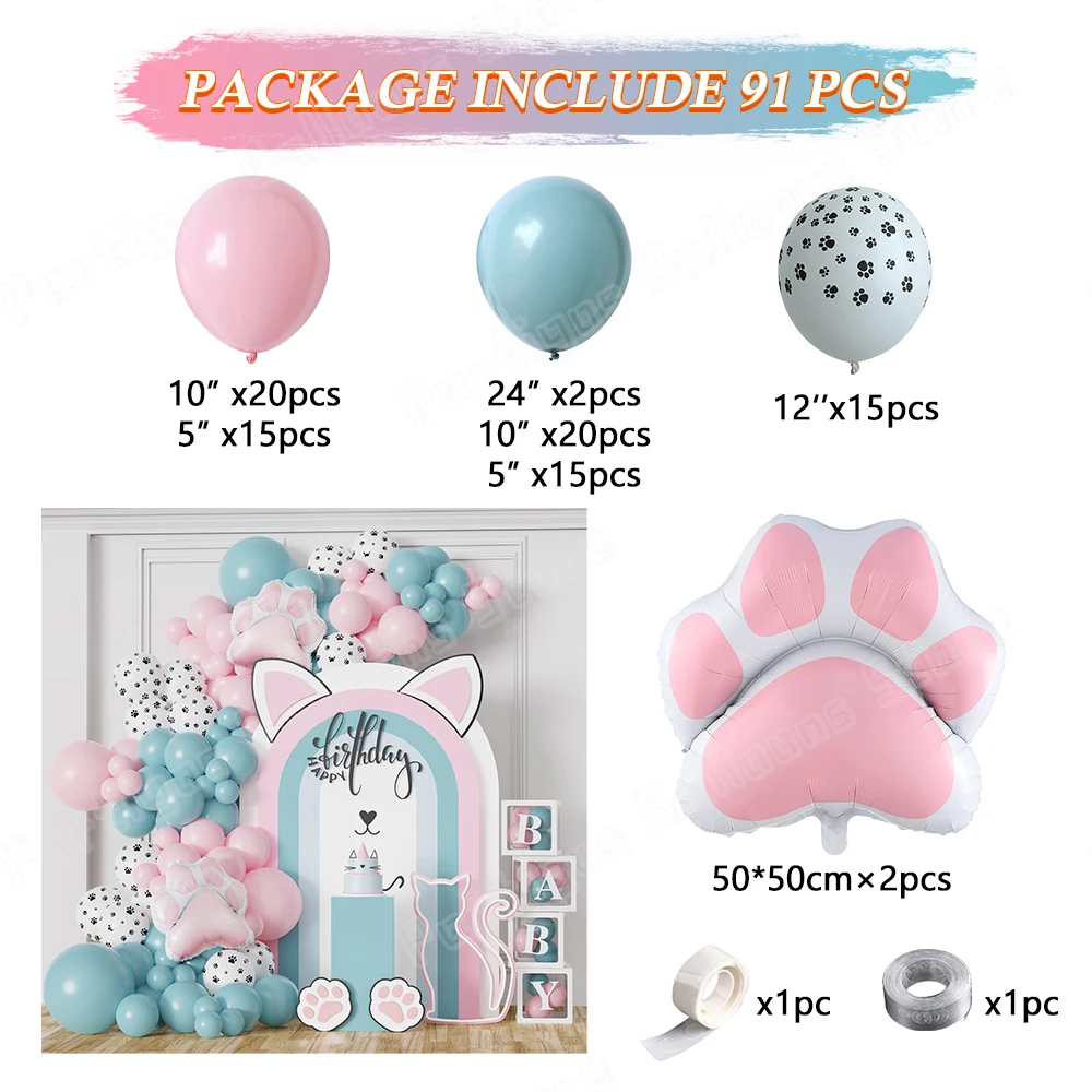 91pcs New Meow Cat Theme Balloon Garland Arch Pink Cat Paw Foil Balloon ...