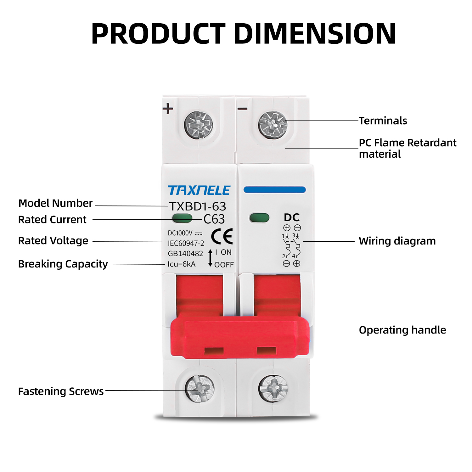 TAXNELE 2P AC DC 1000V MCB PV Solar Mini Circuit Breaker Battery Switch 16A 20A 25A 32A 40A 50A ...