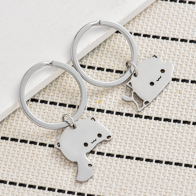 Cute Cartoon Cat Keychain Couple Lovers Stainless Steel Matching ...