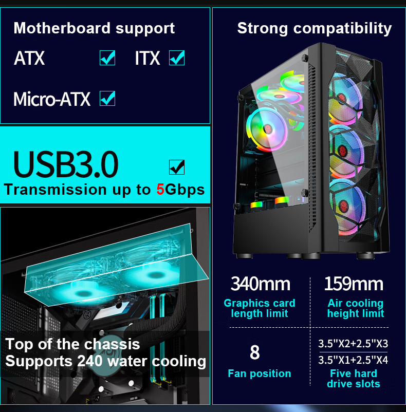 INPLAY Atx PC Case Gaming Computer Chassis Desktop Cpu Casing With ...