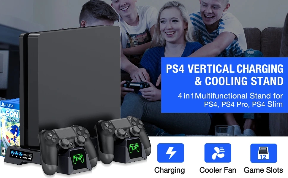 PS4/PS4 Pro/PS4 Slim Console Vertical Cooling Stand LED Dual Charger ...