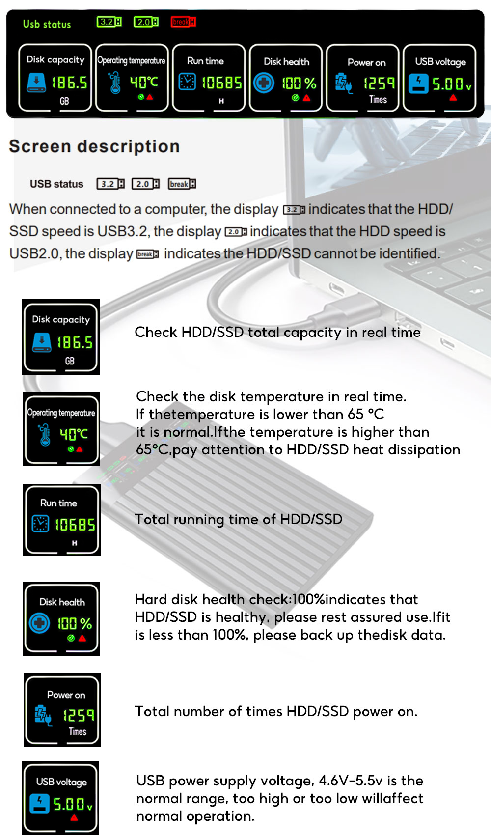 ShuoLe 2.5'' HDD Case With LCD Display for SATA HDD SSD Enclosure USB 3 ...
