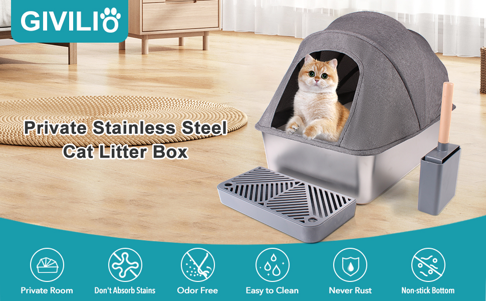 Cat Litter Box XL Pet Waste Box Stainless Steel 20L Easy to Clean ...