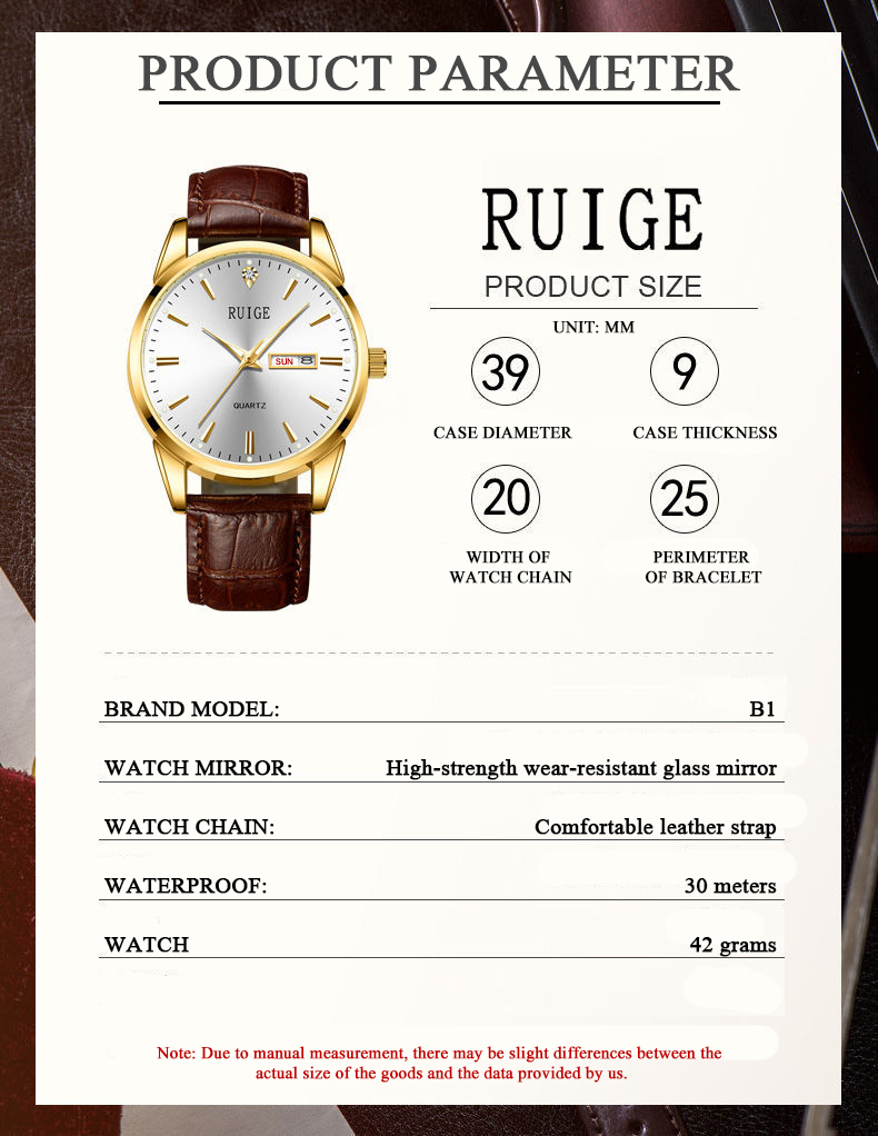 RUIGE Men's Quartz Watch: Swiss Design, Leather Band, Waterproof ...