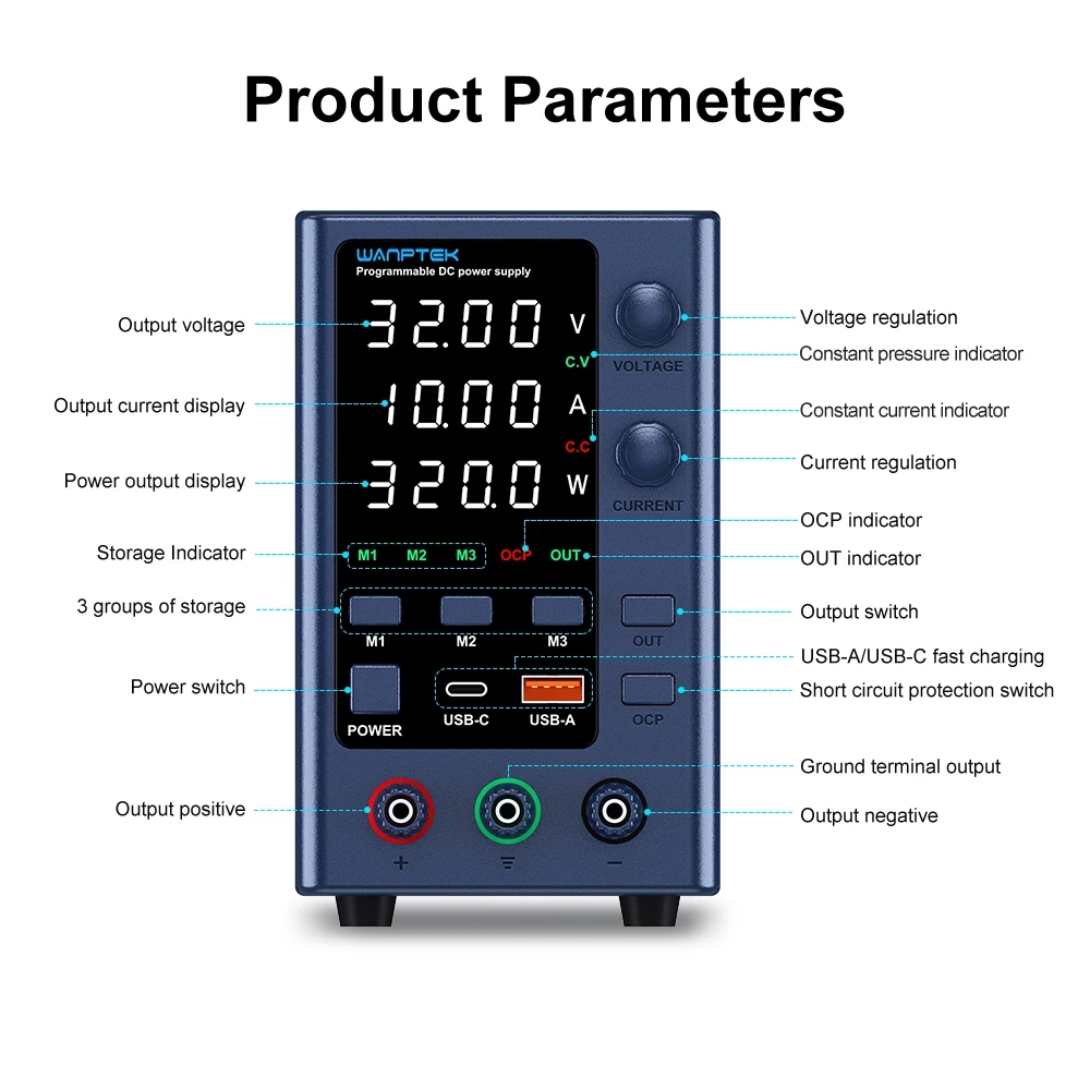Wanptek Adjustable Power Supply Lab Encoder Memory DC Power Supply 30V 10A Bench Power Source ...