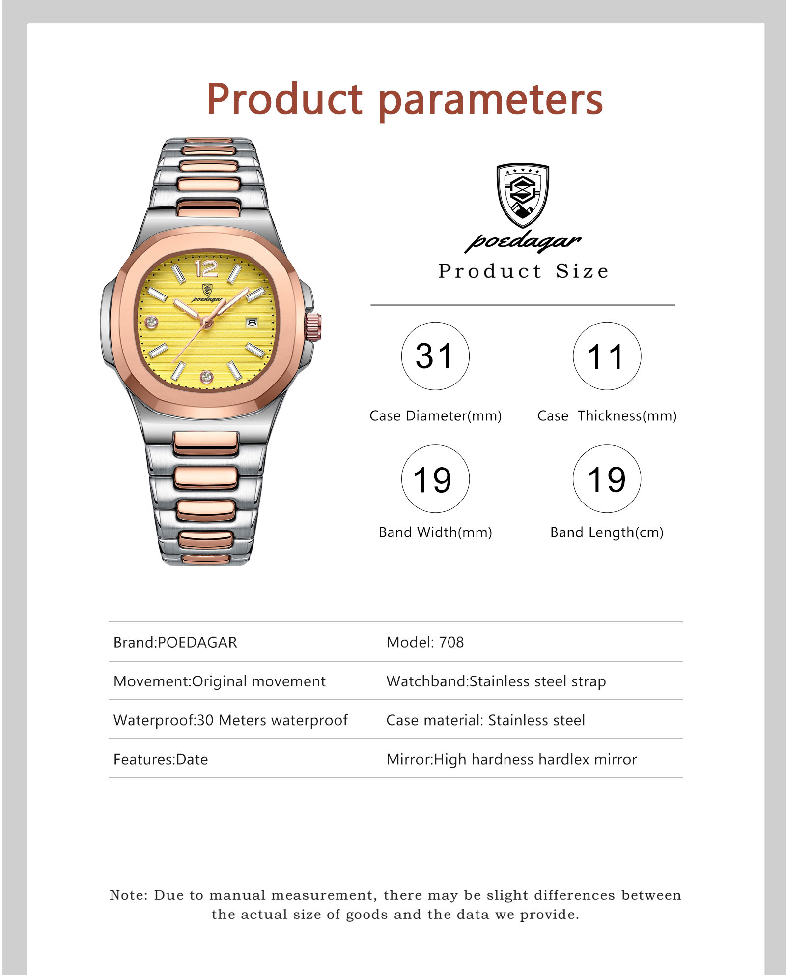 POEDAGAR Gold Watch For Woman Waterproof Original Relo Stainless Steel ...