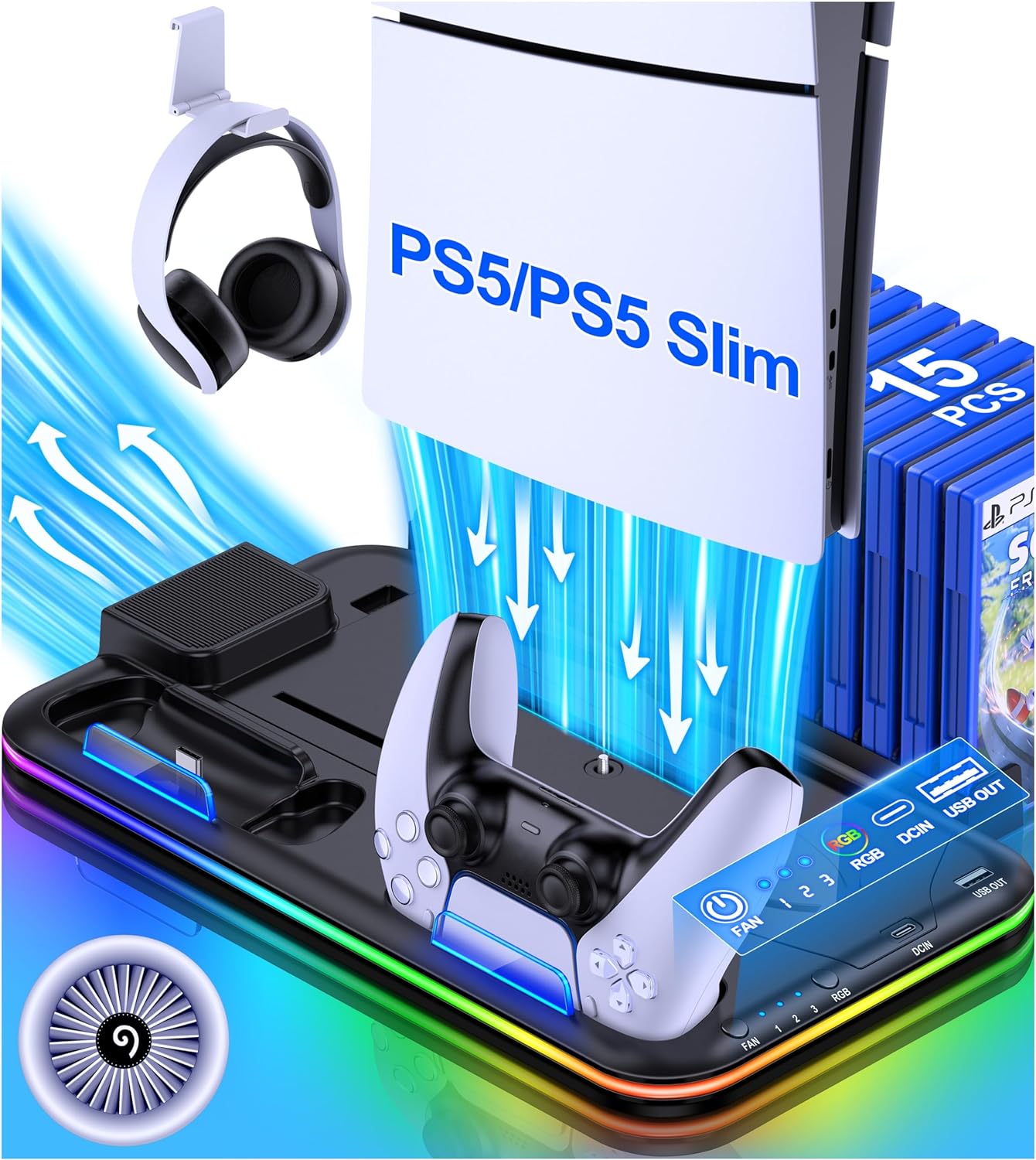 Multifunctional RGB PS5 Slim/PS5 Pro Charging Stand and Turbo Cooling Station with Controller ...