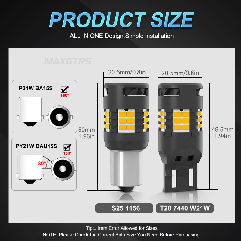MAXGTRS 2x PY21W LED Blulb Canbus P21W LED BAU15S BA15S 1156 7440 T20 ...