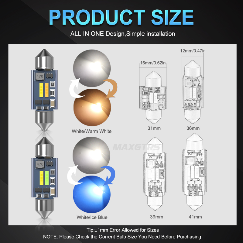 MAXGTRS 2x Festoon C5W C10W 1860 Chip Bulb Canbus 31mm/36mm/39mm/41mm Car LED Lamp Interior Dome ...