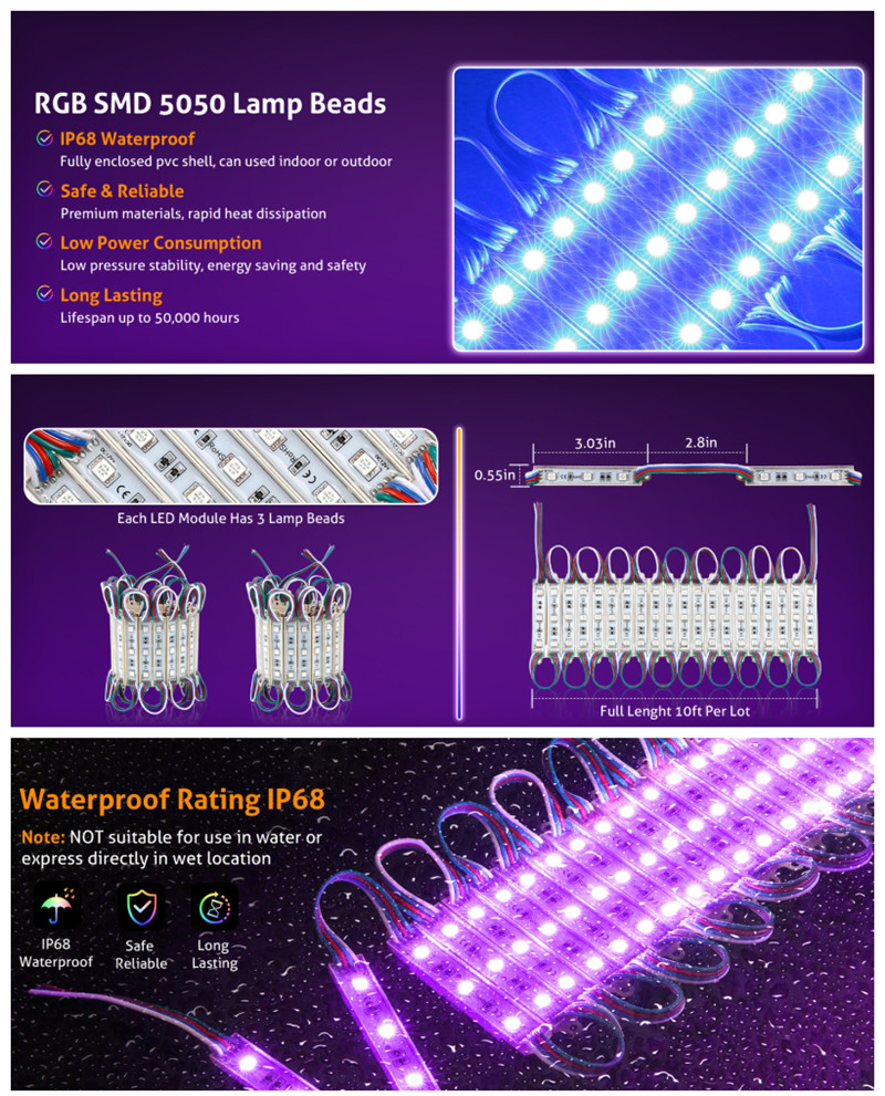 20 pcs 12V RGB LED Light Waterproof Colorful 5050 3 LED Light Module ...