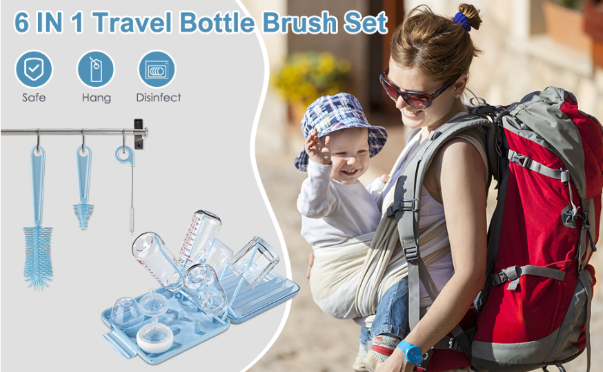 TEEKA 6 IN 1 Baby Travel Bottle Cleaner Set with Drying Rack Silicone ...
