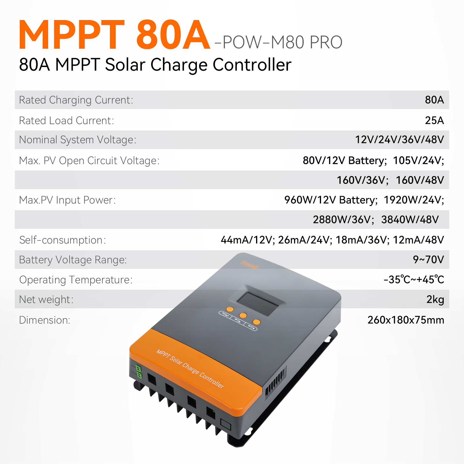 PowMr 80A MPPT Solar Charging Controller 12V-48V Auto Blacklight LCD PV ...