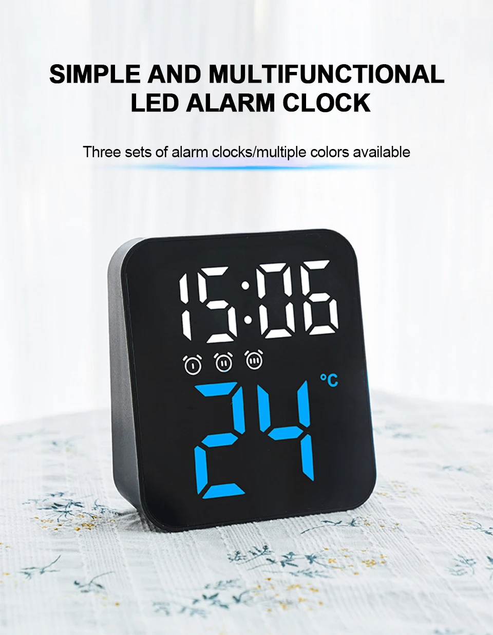 Square LED Digital Alarm Clock Temperature Time Date Display Wall Clock ...