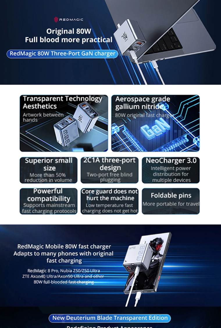Nubia RedMagic Gan5 Dao Feng PD power charger, 80W, USB-A/C1/C2 fast charger, with data cable ...