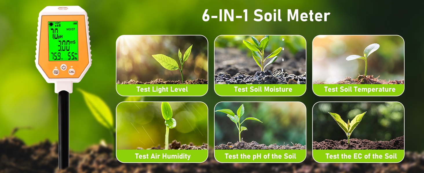 Soil Moisture Meter, Hygrometer 6 in 1 Soil pH Tester/Temp/Sunlight/Air ...