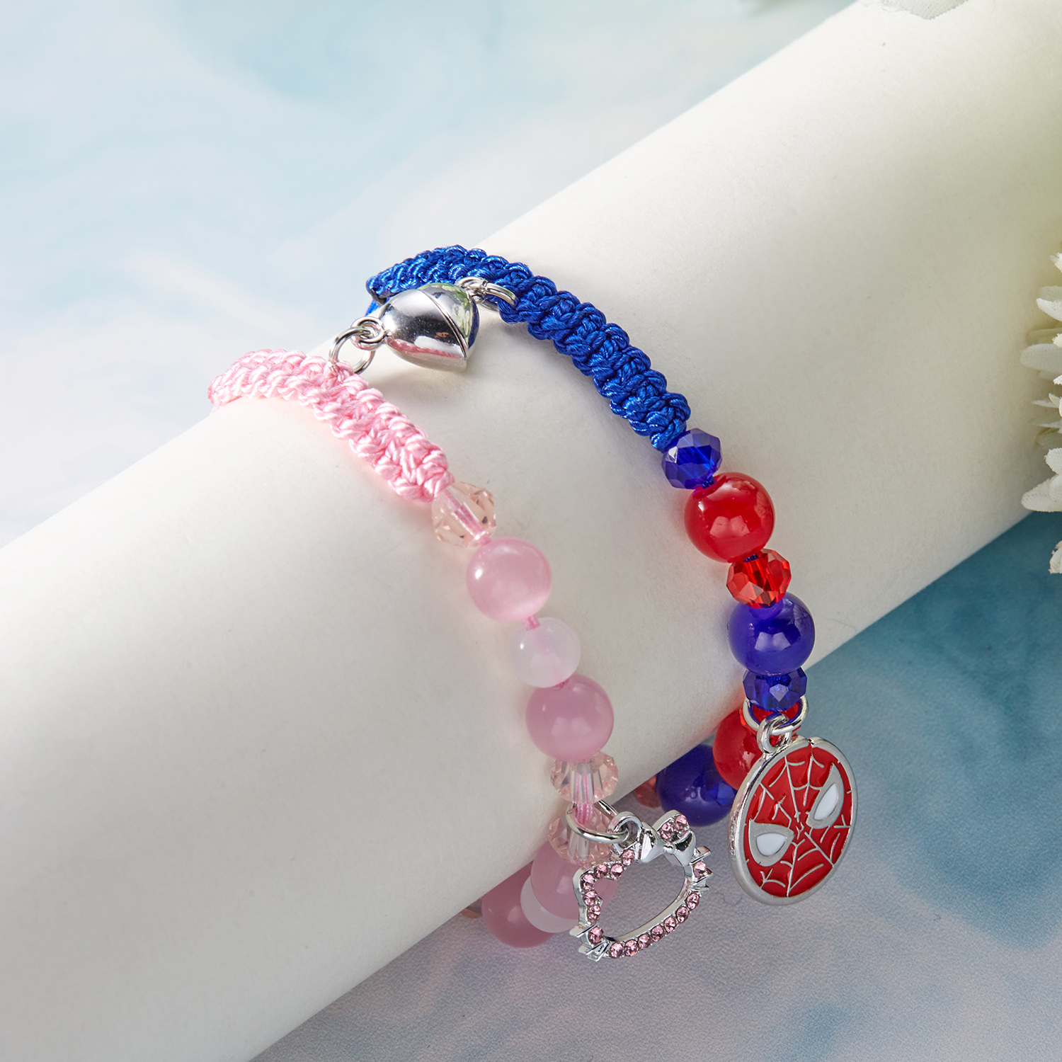 2Pcs Spider Man Hello Kitty Cat Magnetic Couple Weaving Bracelet ...