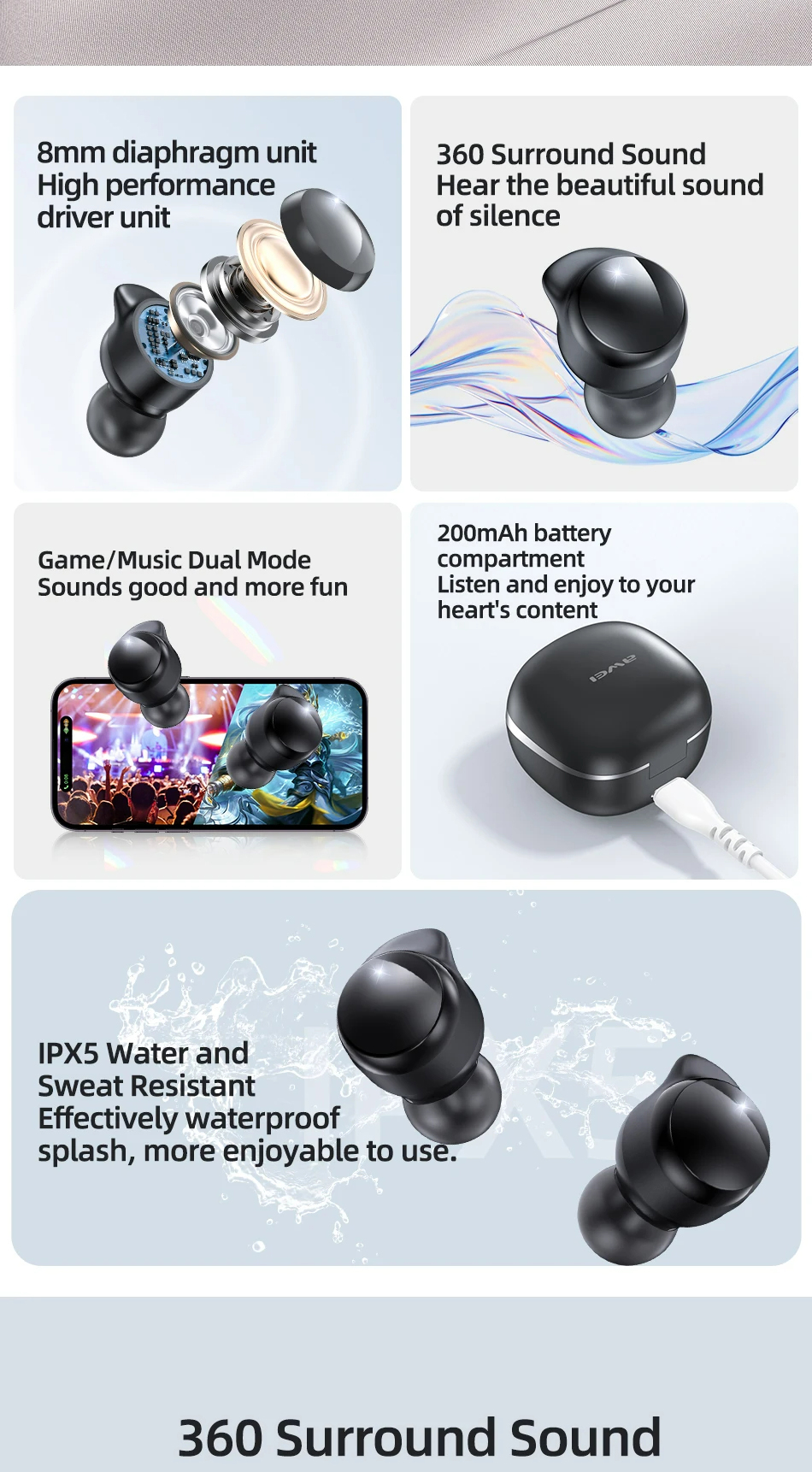 Awei T78 Bluetooth Earphone Mini True Wireless Earbuds With Microphone ...