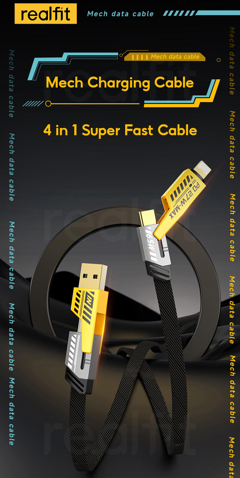 65W Super Fast Charging Cable for iP Android 4 IN 1 Type C Quick ...