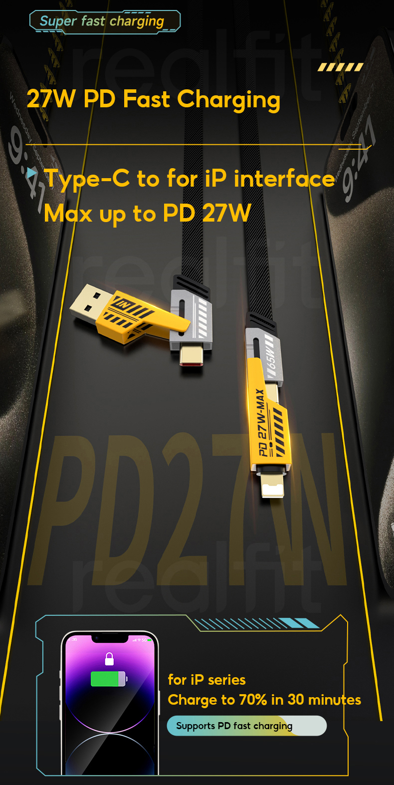 65W Super Fast Charging Cable for iP Android 4 IN 1 Type C Quick ...