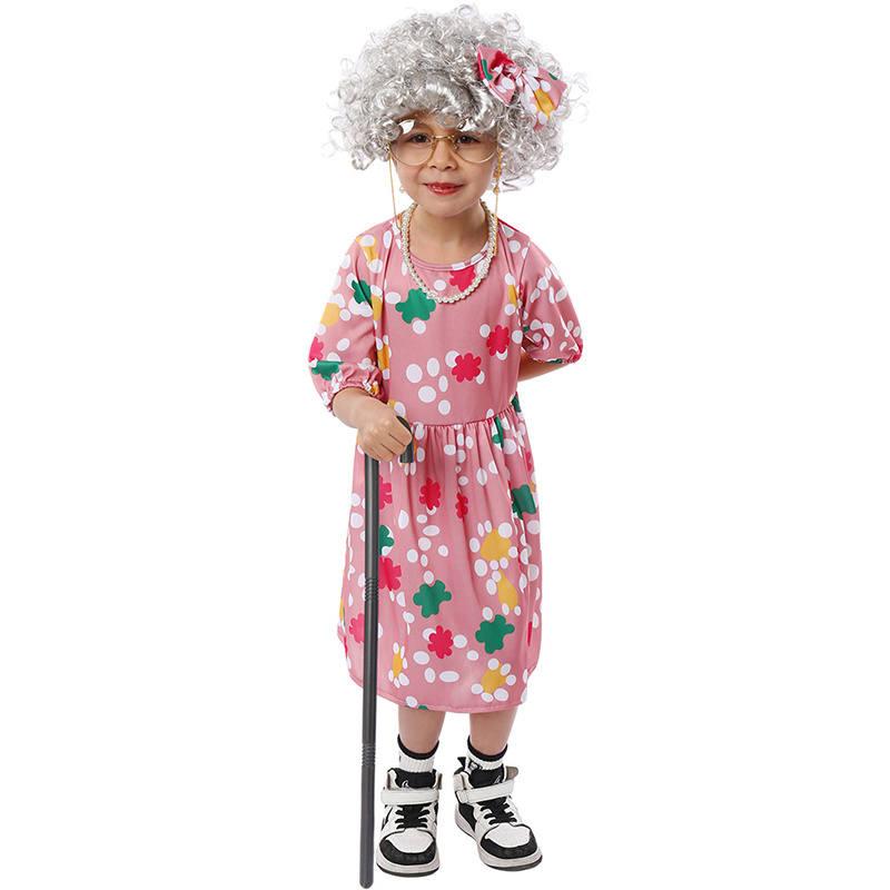 Old Lady Fantasy Dress Kids Grandma Cosplay Costume Wig Cane Outfits ...
