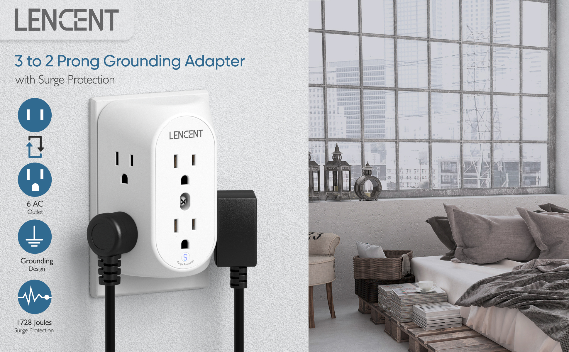 LENCENT 6 IN 1 Surge Protector Power Strip 3 to 2 Prong Grounding ...