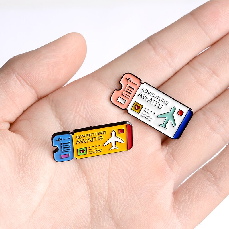 Air tickets Enamel Pin Custom Adventure Awaits Brooches Shirt Lapel Bag ...