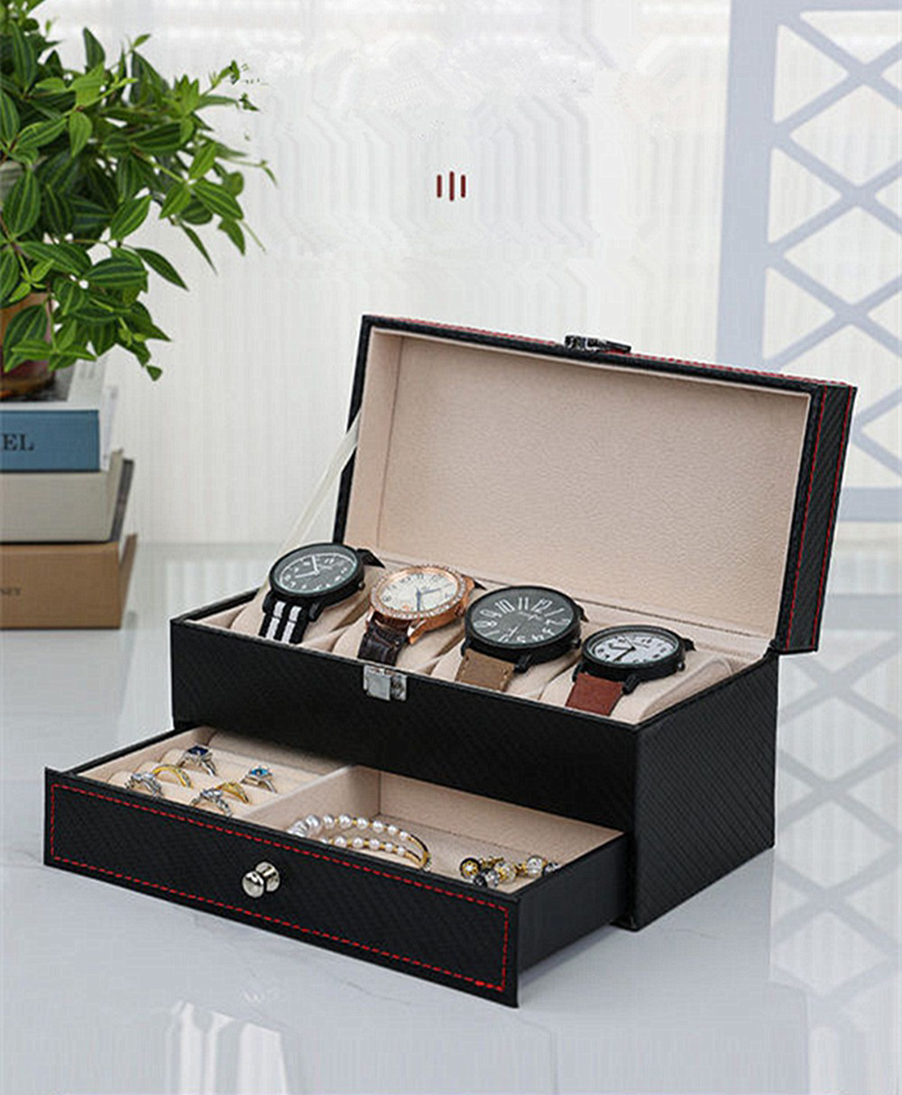 【24 Hours Ship】Double-layered 4-slot PU textured leather watch storage ...