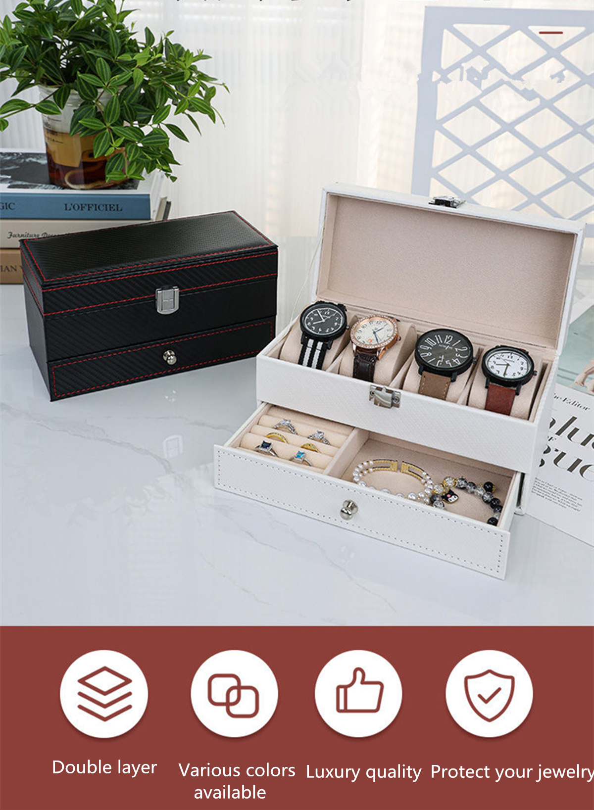 【24 Hours Ship】Double-layered 4-slot PU textured leather watch storage ...