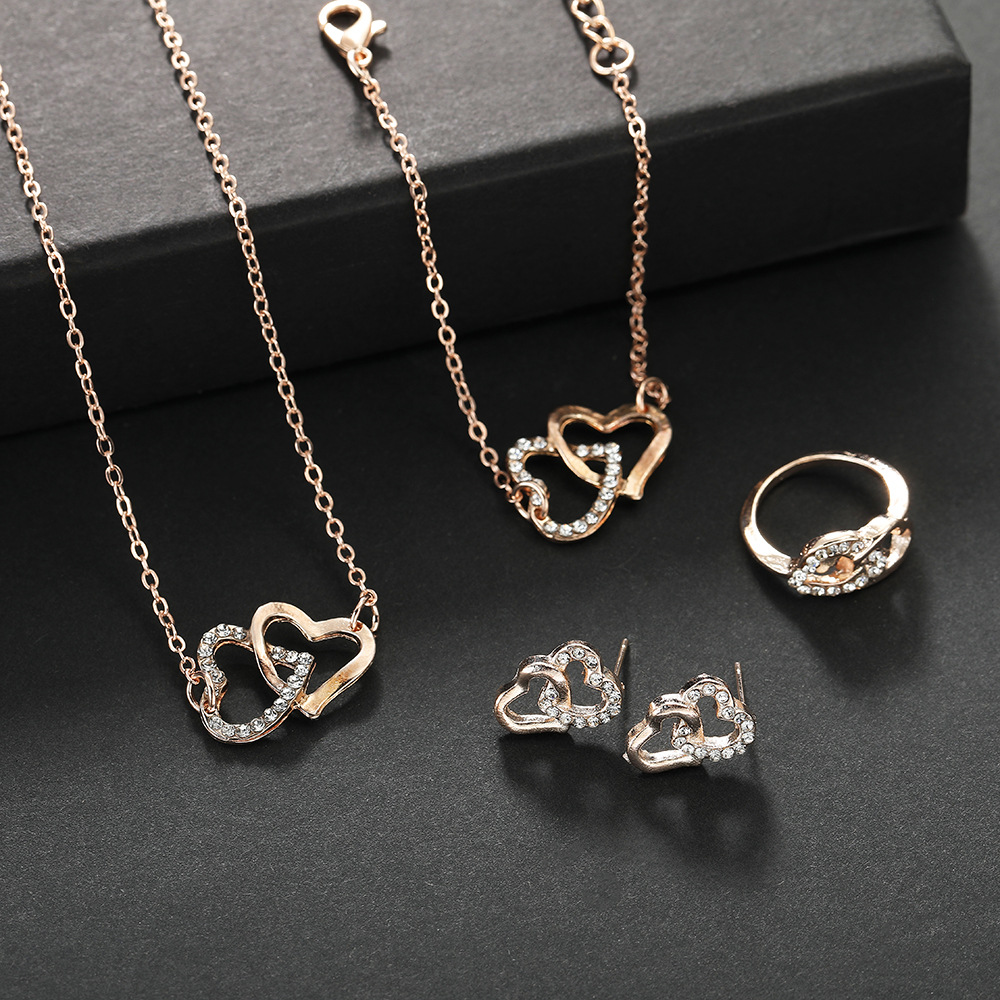4pcs Accessories Sets Double Heart Necklace Jewelry Set Luxury Style ...