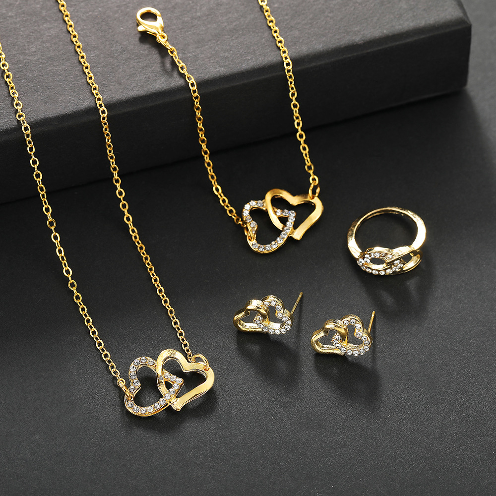 4pcs Accessories Sets Double Heart Necklace Jewelry Set Luxury Style ...