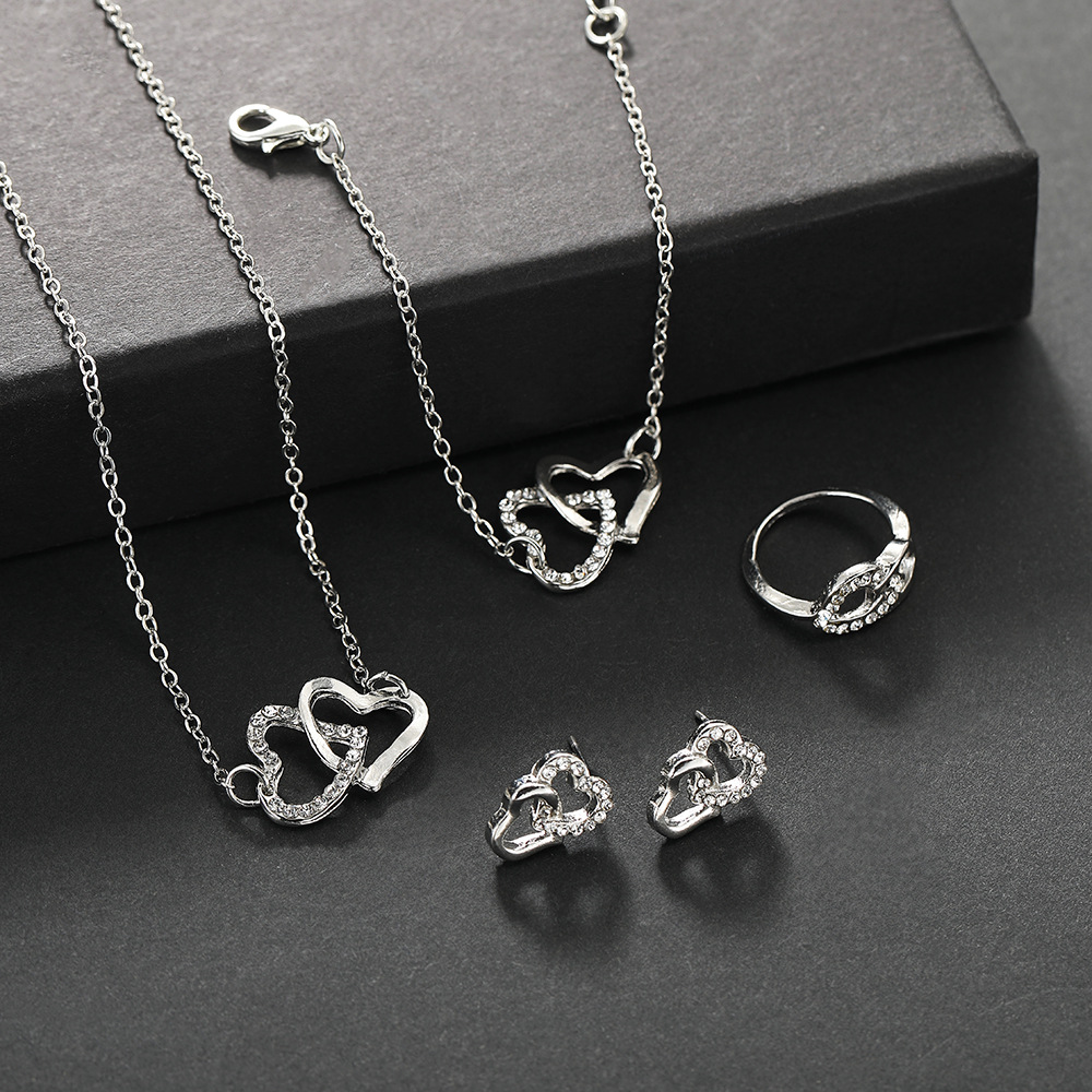 4pcs Accessories Sets Double Heart Necklace Jewelry Set Luxury Style ...