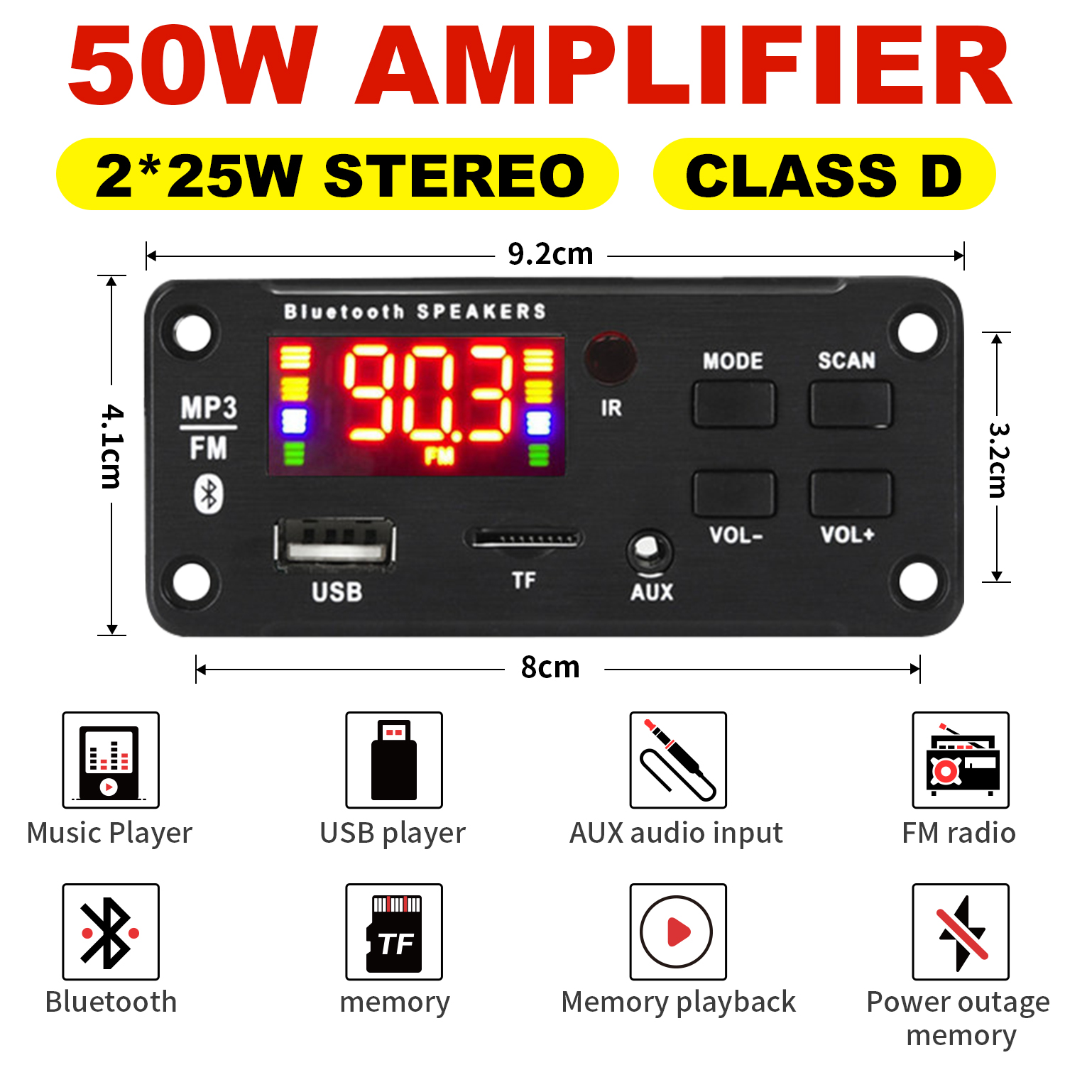 Handsfree 50W Amplifier DIY MP3 Board DC 12V Bluetooth 5.0 USB FM AUX 3 ...