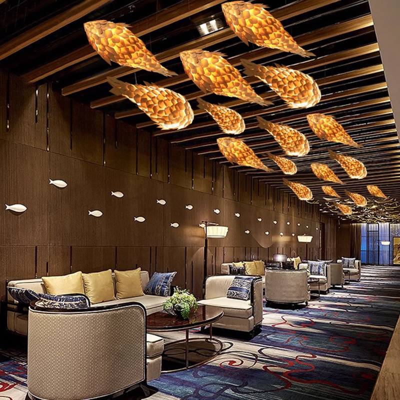 AIMI Chinese Art Carp Wood Art Hanging Lamp Kitchen Dining Creative ...